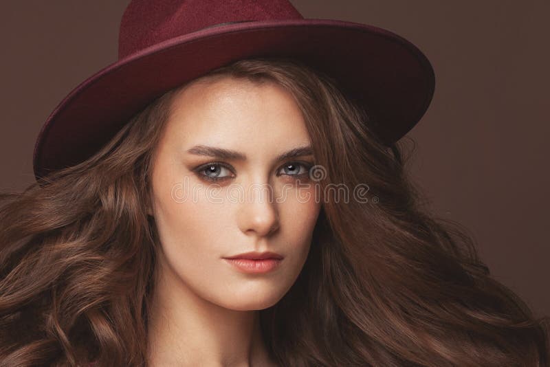 Lovely Woman in Red Fedora Hat Portrait Stock Photo - Image of black ...