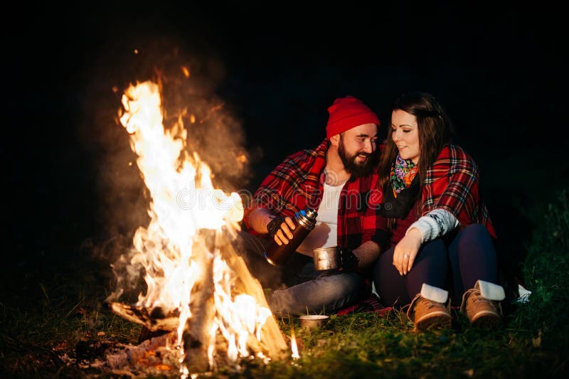 Lovers Around the Campfire at Night Stock Photo - Image of outdoor ...