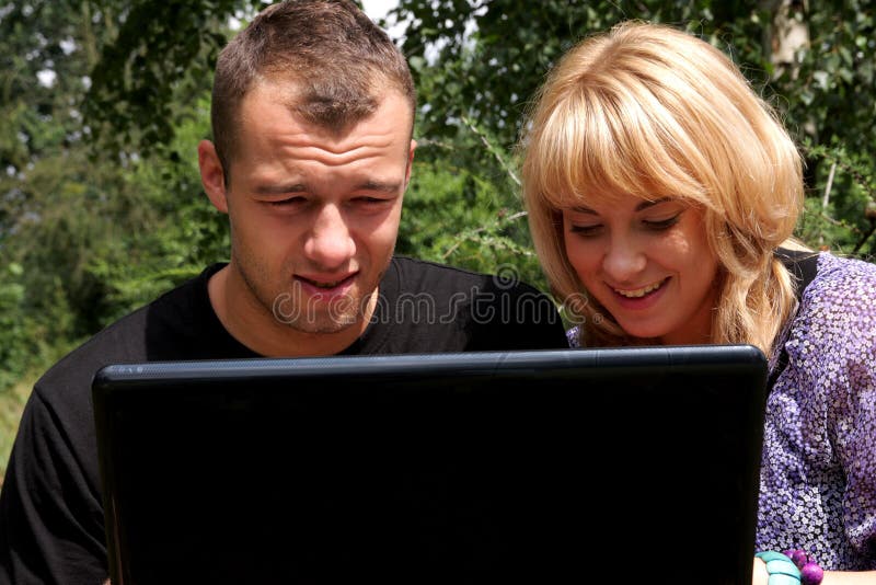 Lovers, Nature and Computer Addiction Stock Photo - Image of notebook ...