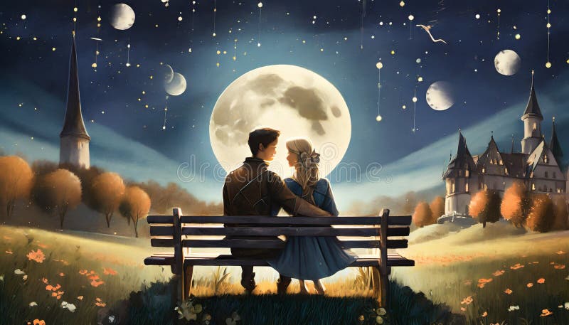 Lovers in Night Park on Bench with Full Moon Stock Illustration ...