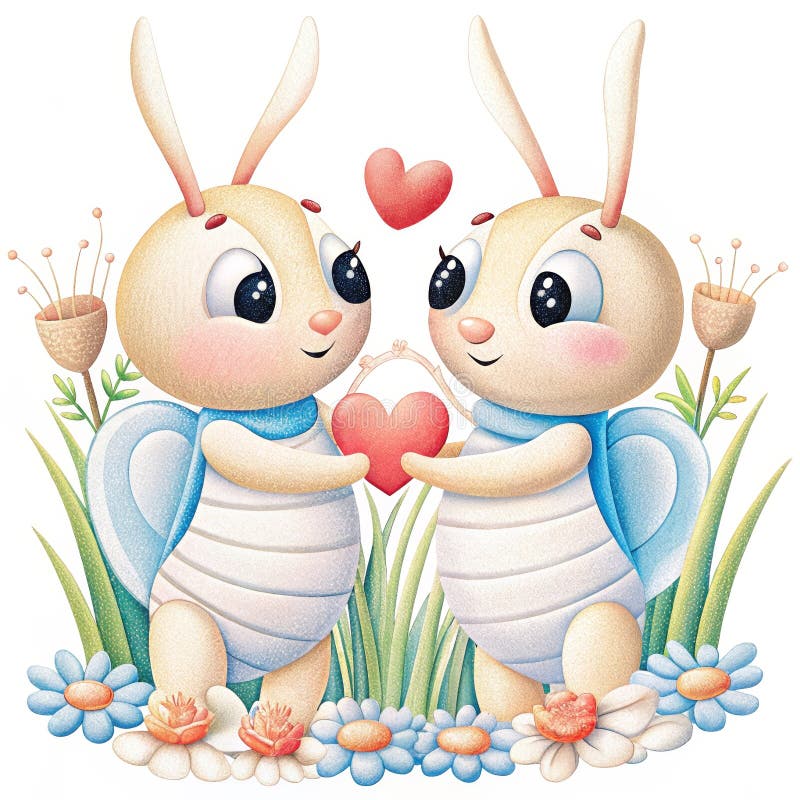 Loving Bug Couple Sharing a Heart Two Cute Bugs Symbolizing Love ...