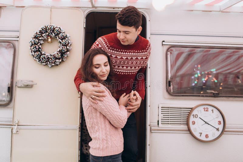 Loving Couple Alone in a Trailer on a Trip. Romance for Lovers Stock ...