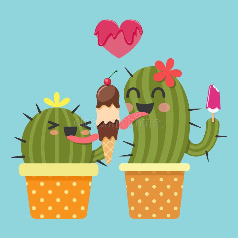 Loving Couple of Cactus with Ice Cream Stock Vector - Illustration of ...