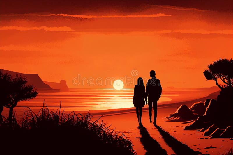 Loving Couple Embracing And Looking Moon On The Beach In Sunset Stock