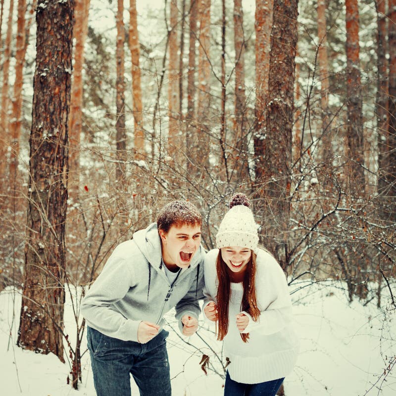 Loving Couple Having Fun and Laughing in Winter Stock Photo - Image of ...