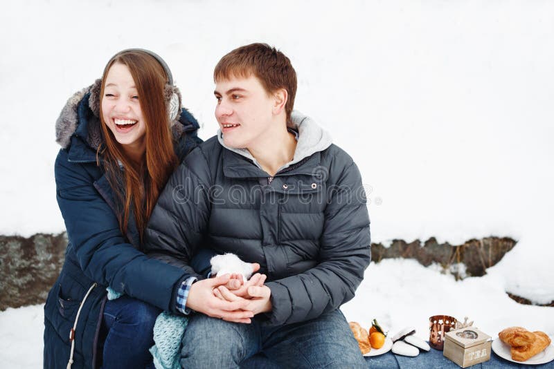 Loving Couple Having Fun Outdoors in Winter Stock Photo - Image of ...