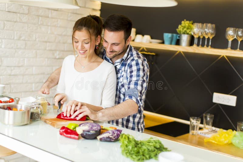 Loving Couple Preparing Healthy Food Stock Photo - Image of standing ...