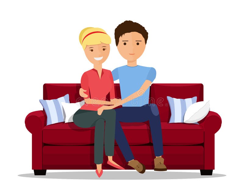 Loving Couple Sitting on Couch. Flat Style Vector Illustration. Stock ...