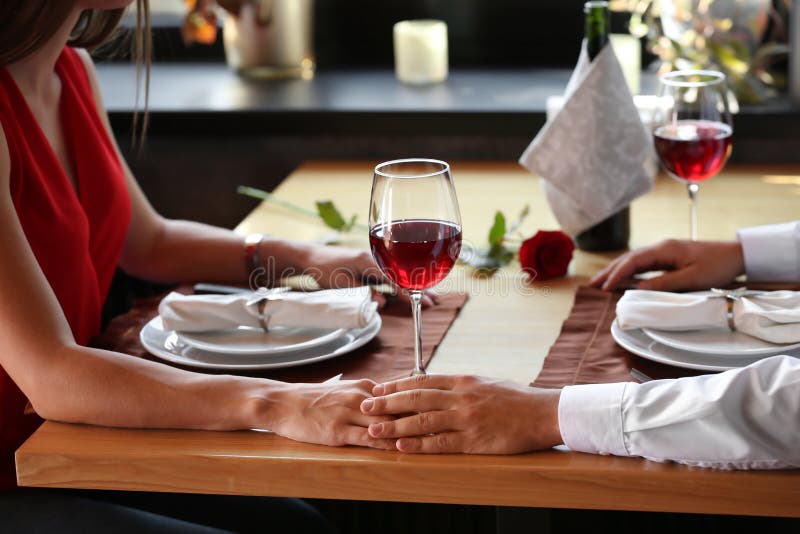 Loving Couple Sitting at Table in Restaurant on Romantic Date Stock ...