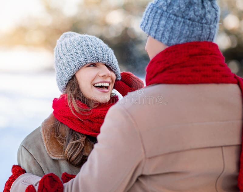 Loving Man Pulling Down His Laughing Girlfriend Ice Hat Stock Image Image Of Girlfriend Cold