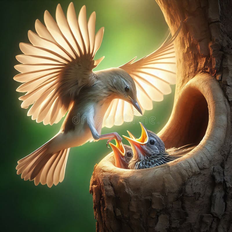 A Loving Mother Bird Feeding Her Chick in the Tree Nest Stock ...