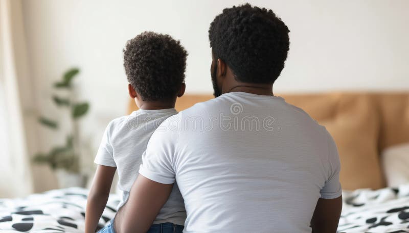 Loving Single Father Embracing Son and Talking Together on Bed in Back ...