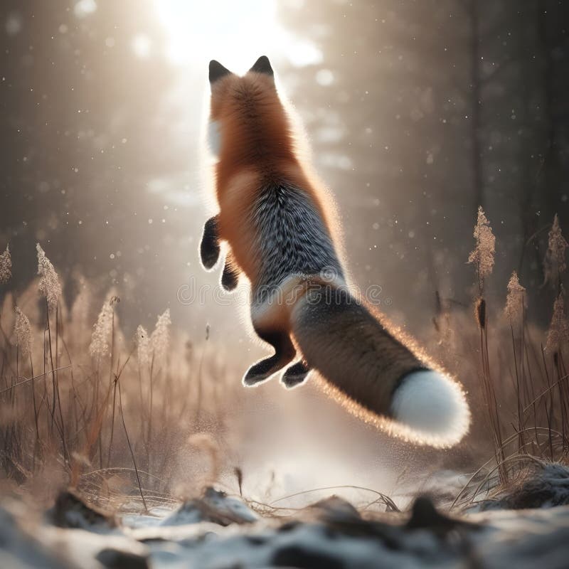 Low Angle Back View of Fox Jumping in Forest Stock Image - Image of ...