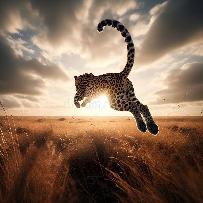 Low Angle Back View of Leopard Jumping in Grassland Stock Photo - Image ...