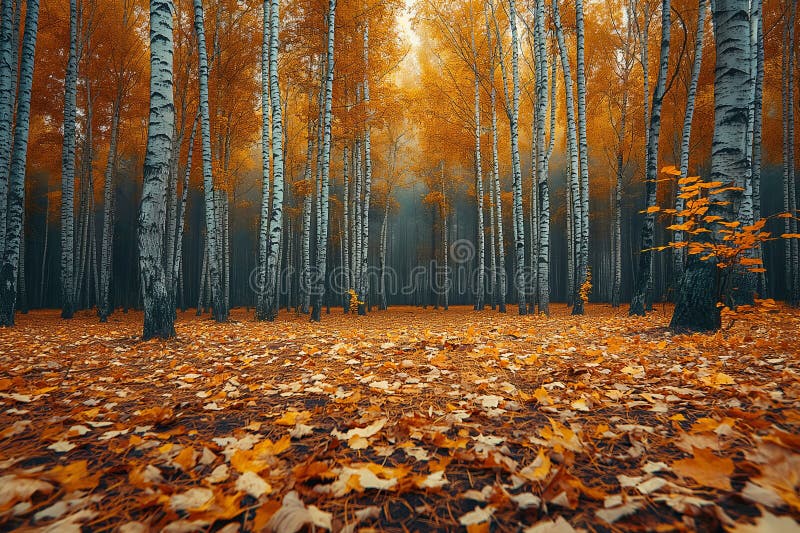 Low Angle of a Birch Forest in Fall Stock Photo - Image of ground ...