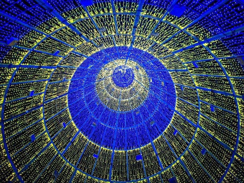 Low Angle of a Circular Ceiling Composed of Blue LED Lights, Creating a ...