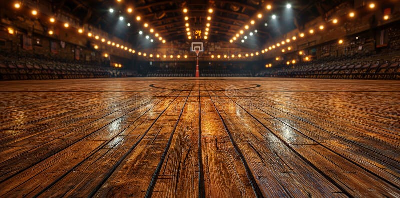 Low-angle Close-up Shot of an NBA Arena, Seats Empty, Lights Blazing ...