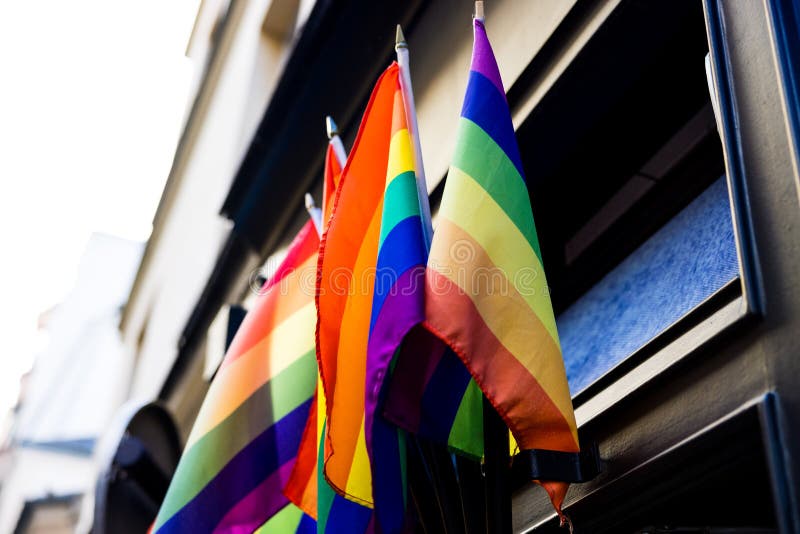 Low Angle Closeup Shot of Rainbow LGBTQ Pride Flags on a Building Stock ...