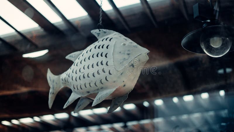 Low Angle Closeup Shot of a White Fish Figure Hanging from the Ceiling ...