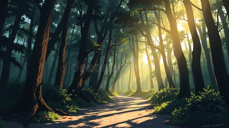 Low-angle Forest View, Soft Anime Style, Strong Contrast and Shadows ...