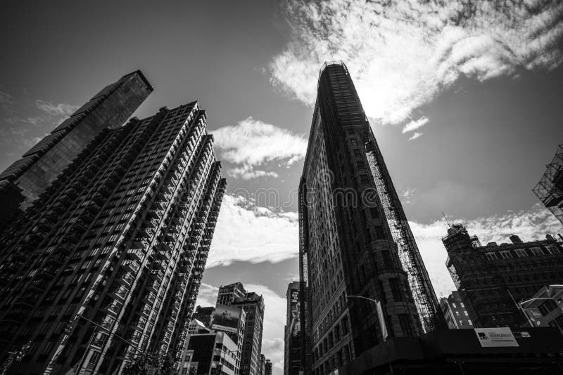Low-angle Grayscale of the Flatiron Building with Skyscrapers Around ...