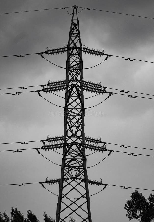 Low-angle Grayscale of a Power Station, Gloomy, Cloudy Background Stock ...