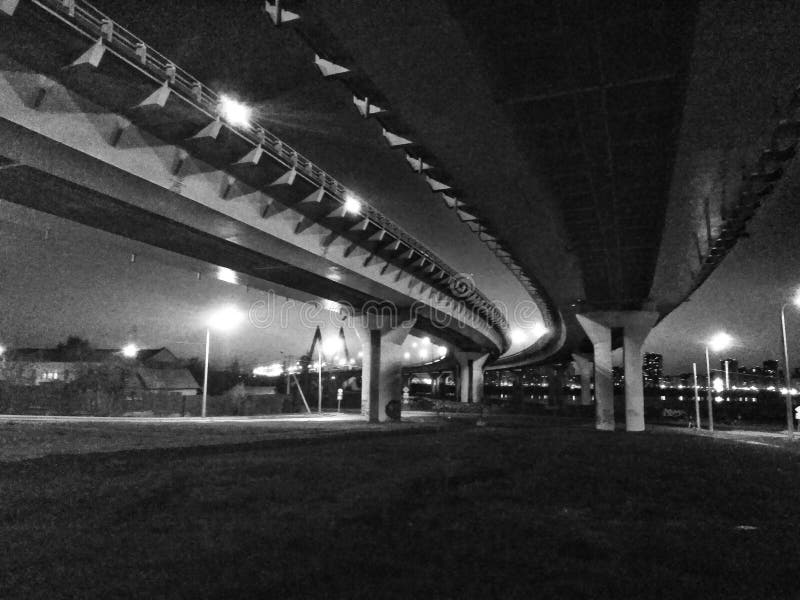 Low Angle Greyscale Shot of a Highway with Columns Surrounded by Street ...