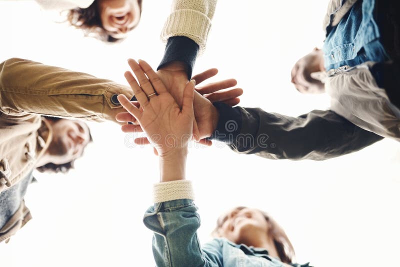 Low Angle, Hands and Friends with Stack in Studio, Connection and ...