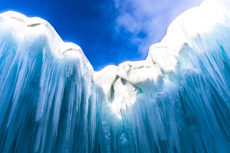 Low Angle of Huge Ice Formations Against the Blue Sky with Floating ...