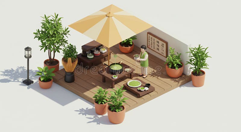 Isometric 3D Render of Minimalist Garden Scene with Matcha Service in ...