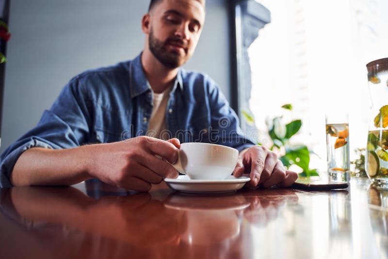 Low Angle of Man with Beard Drinking Coffee Stock Photo - Image of ...