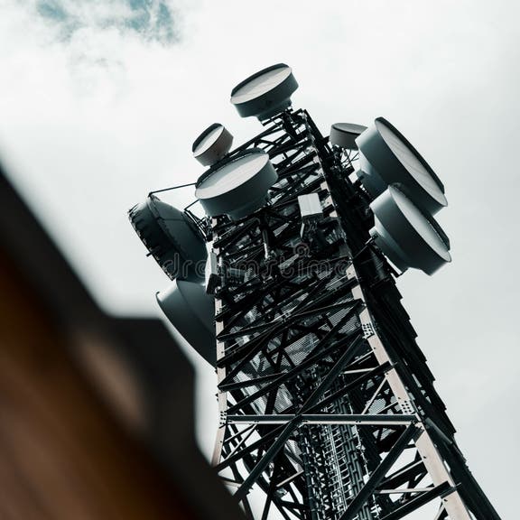 Low Angle of a Metal Communication Tower with a Light Sky Stock Photo ...
