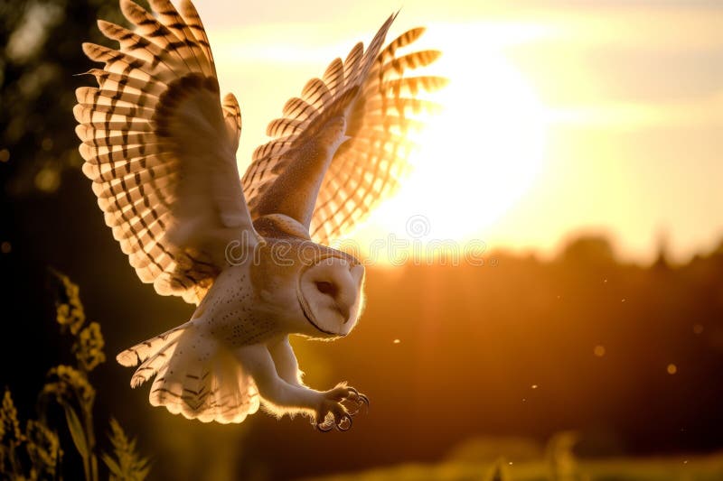 Low Angle, Owl Swooping Down, Sun Setting Behind it Stock Image - Image ...
