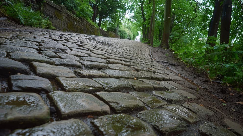 Low Angle Perspective of a Cobblestone Road Extending into the Distant ...