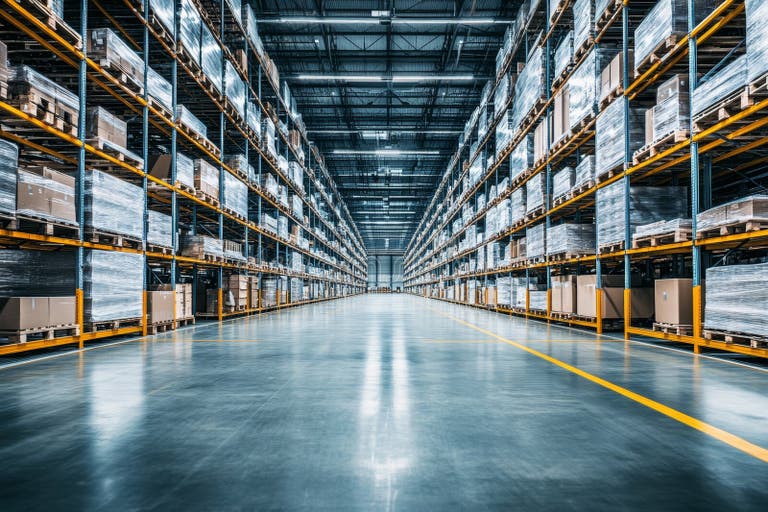 Low Angle Perspective of a Modern Warehouse Interior for Logistics and ...