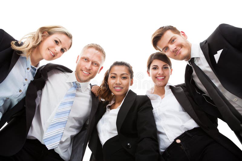 Low Angle Portrait of Cheerful Business People Looking at Camera Stock ...