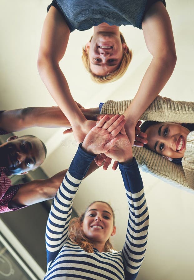 Low Angle, Portrait and Students with Hands, Stack and Cooperation with ...
