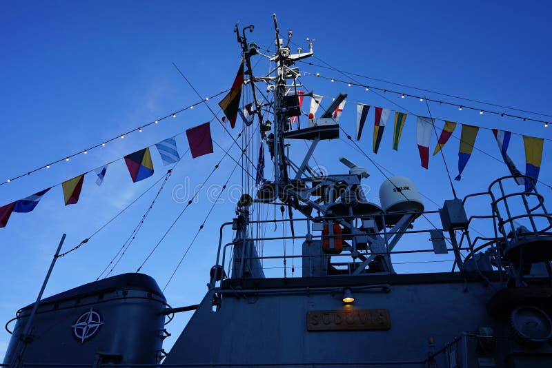 Low-angle of Radar and Antenna on Top of a Ship S Mast and Small Flags ...