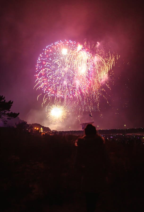 Low Angle Shot of Beautiful Fireworks for a Big Celebration at Night ...