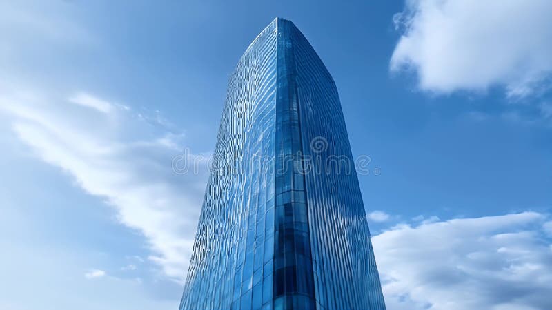 Modern Blue Glass Skyscraper Reflecting Sky and Clouds in Low Angle ...