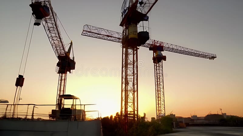Construction Cranes Silhouetted Against a Vibrant Sunset Sky with ...