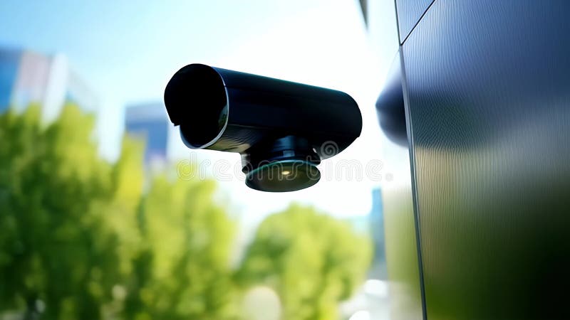 Black Security Camera Mounted on Dark Gray Wall with Blurred Cityscape ...