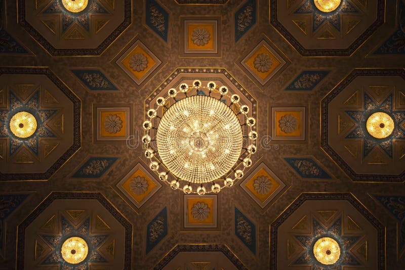 Low Angle Shot of the Ceiling of the Theatre with Shiny Chandeliers ...