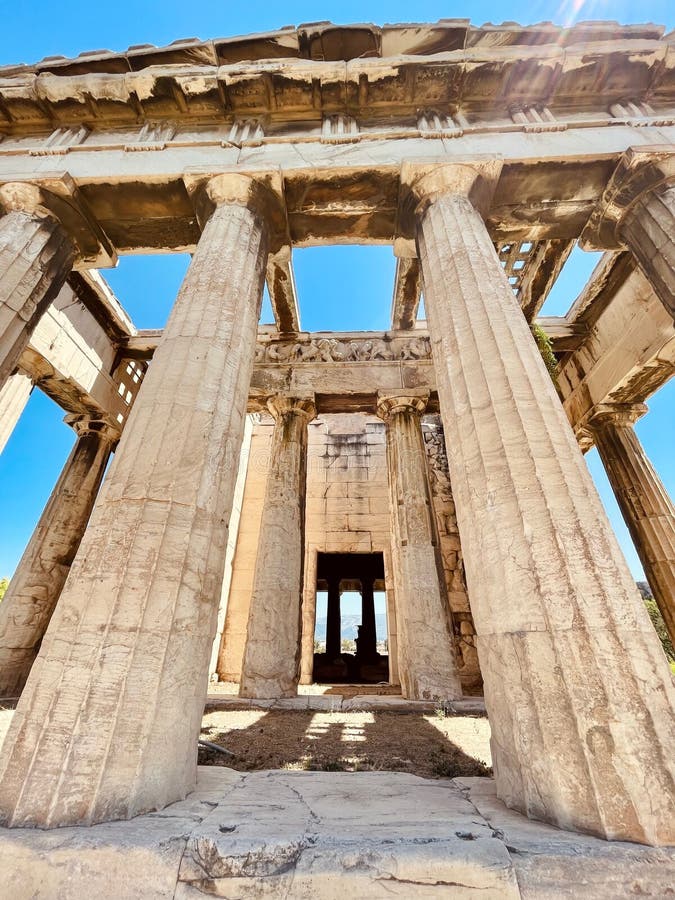 Low Angle Shot of the Columns of Ancient Greek Temple of Hephaestus in ...