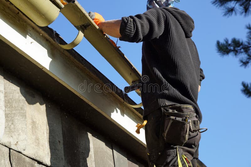 Roofing Construction Workers Wear Safety Uniforms Working High Stock ...