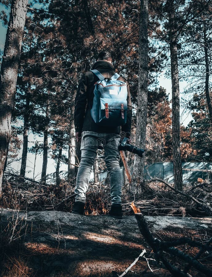 Low Angle Shot of a Cool Hiker in a Backpack Standing on a Fallen Tree ...