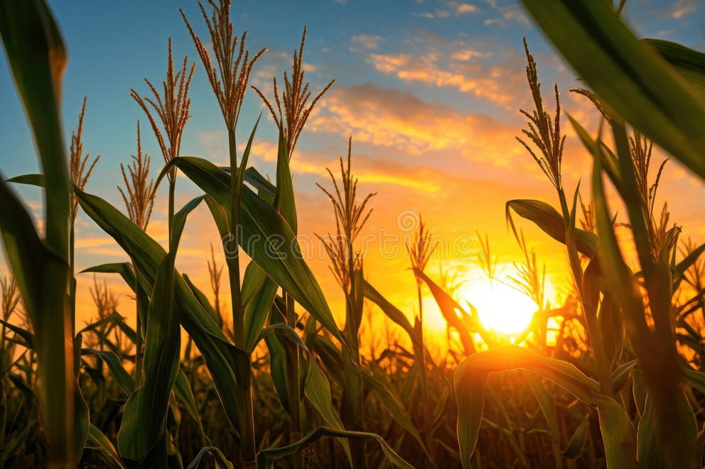 Low Angle Shot of Corn Ears Against the Rising Sun Stock Photo - Image ...