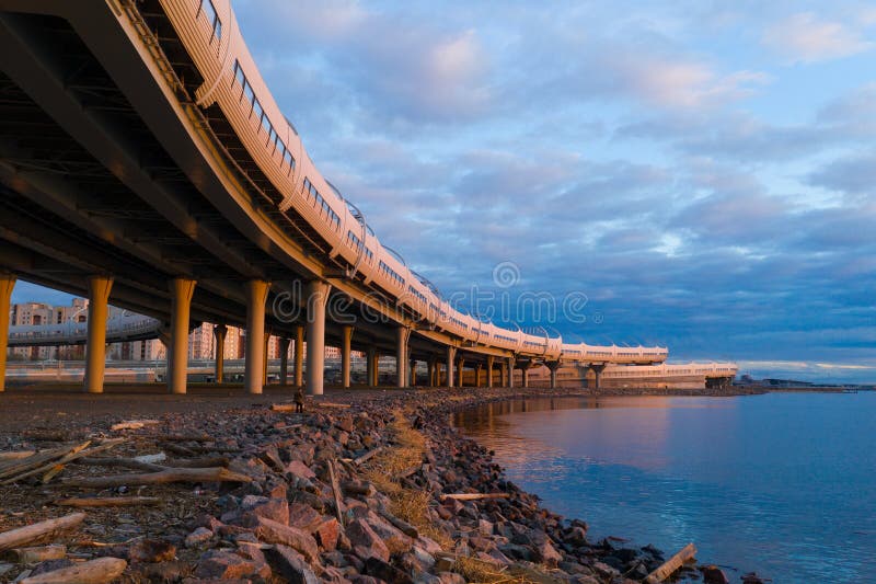 Low Angle Shot of a Curvy Bridge in a Bay Area Over Sea and Part of the ...