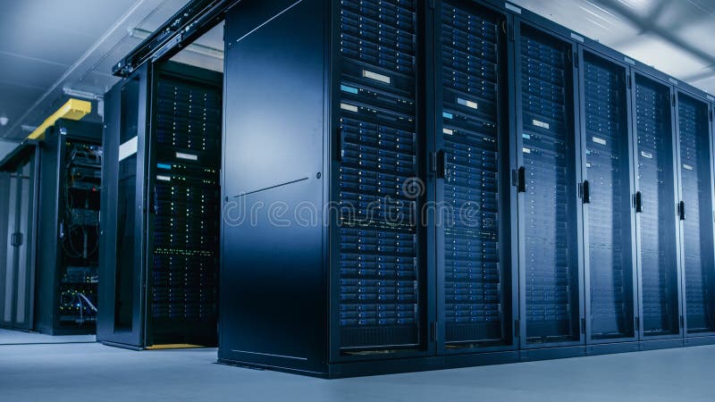 Low Angle Shot of Data Center with Multiple Rows of Fully Operational ...