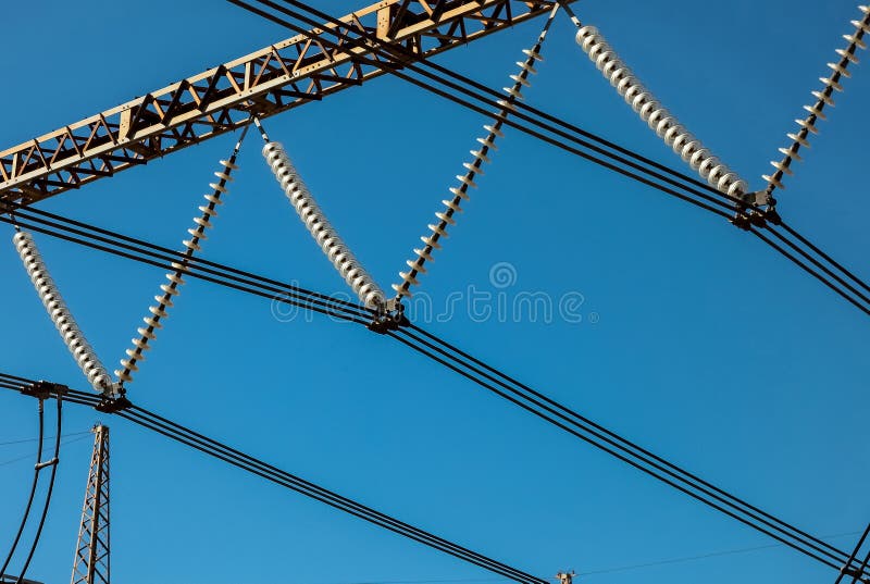 Low Angle Shot of Electricity Pylons and Cable Lines on Background of ...